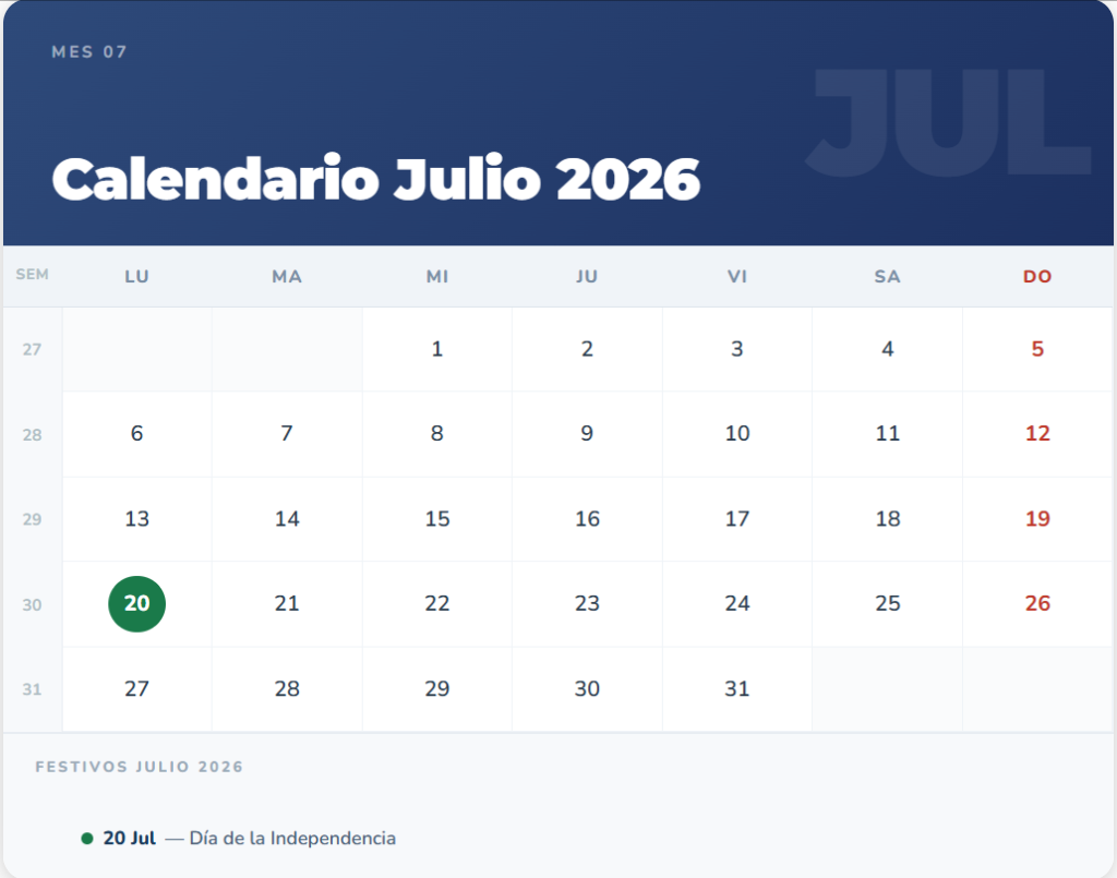 Calendario Julio 2026 - Festivos Y Fechas Oficiales